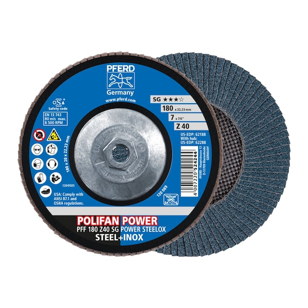 Pferd 7" x 5/8-11 Thd. POLIFAN Flap Disc - Z SG POWER STEELOX, Zirconia, 40 Grit, Flat 62288 | Zoro